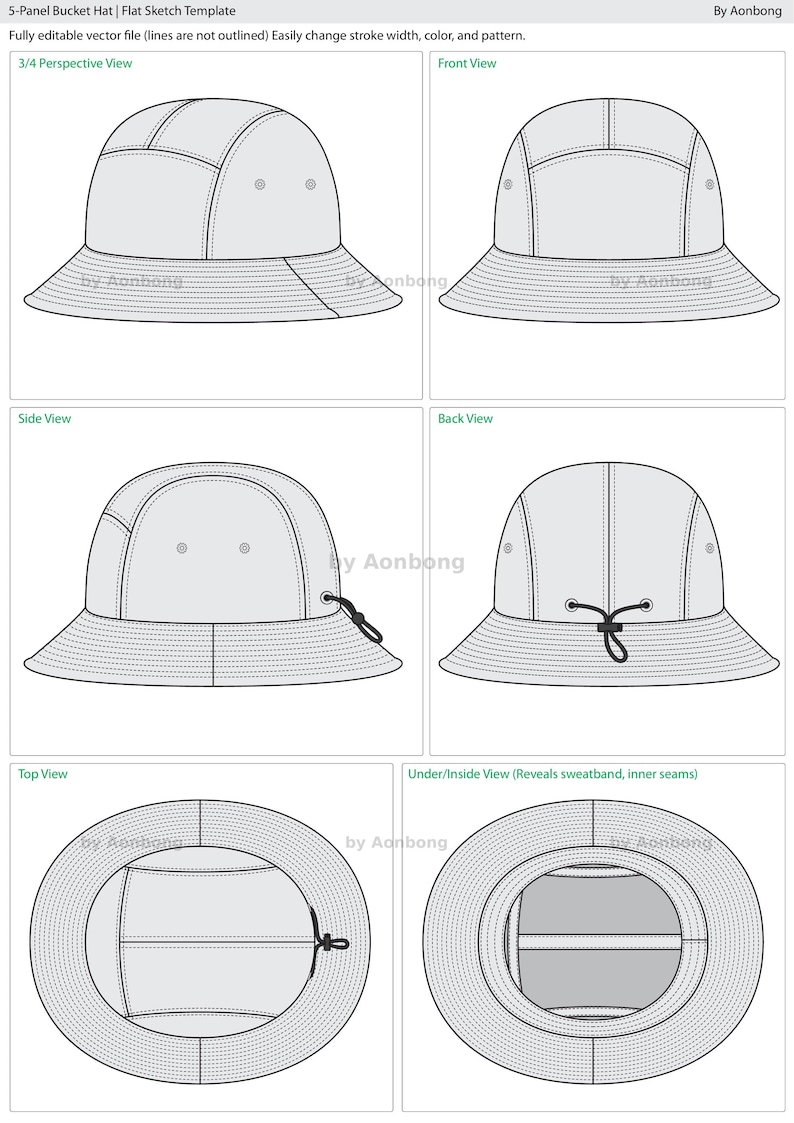 5 Panel Bucket Hat Template – 6 Views | Flat Sketch – AI, PDF, PNG ...