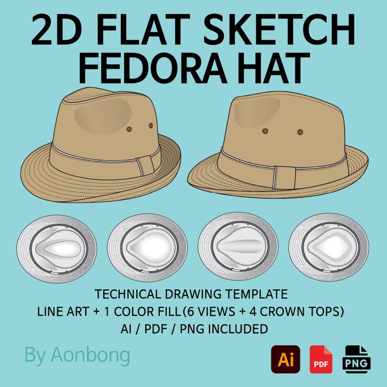 Fedora Hat Flat Sketch Template: 6 Views, 4 Crown Styles (digital Download) - Etsy
