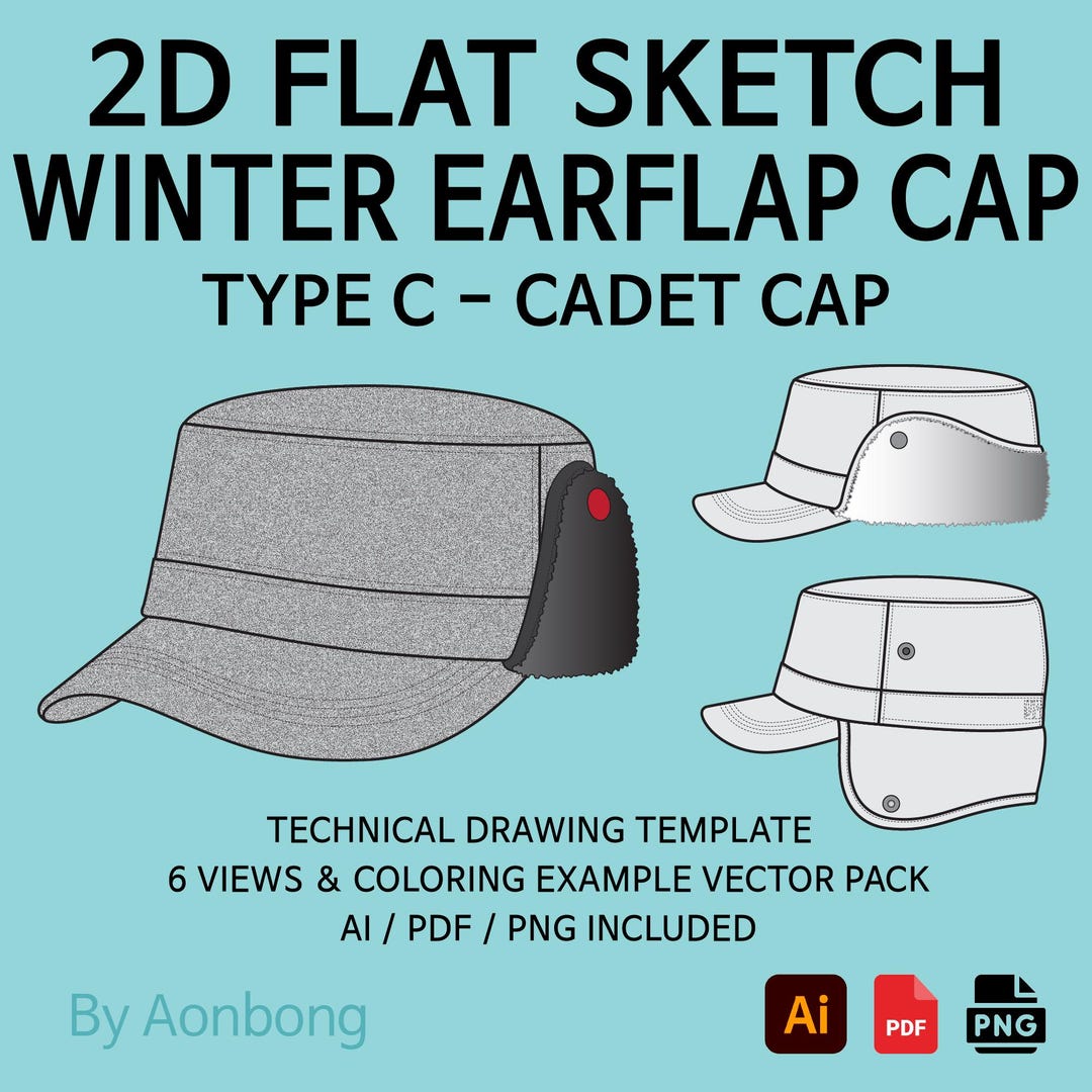 Winter Earflap Cadet Cap – Type C | Flat Sketch Template | 6 Views ...
