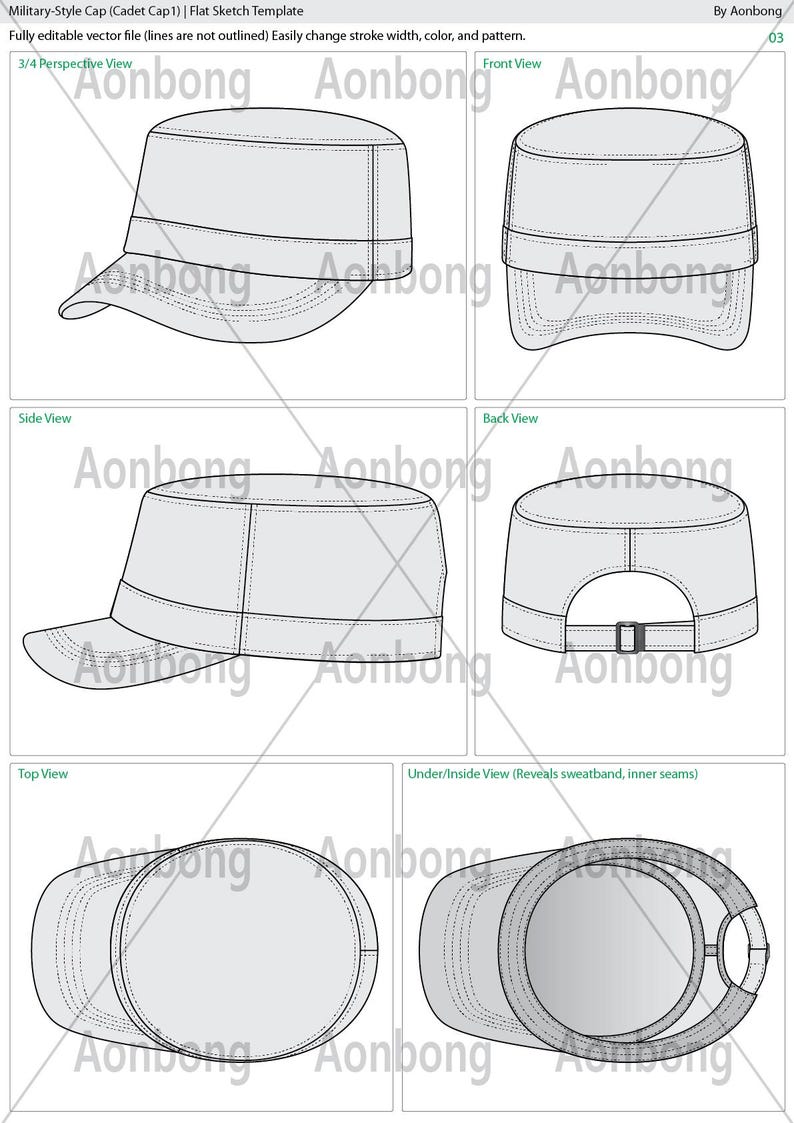 Cadet Cap Flat Sketch Template: 6 Military Styles (AI, PDF, PNG Digital ...