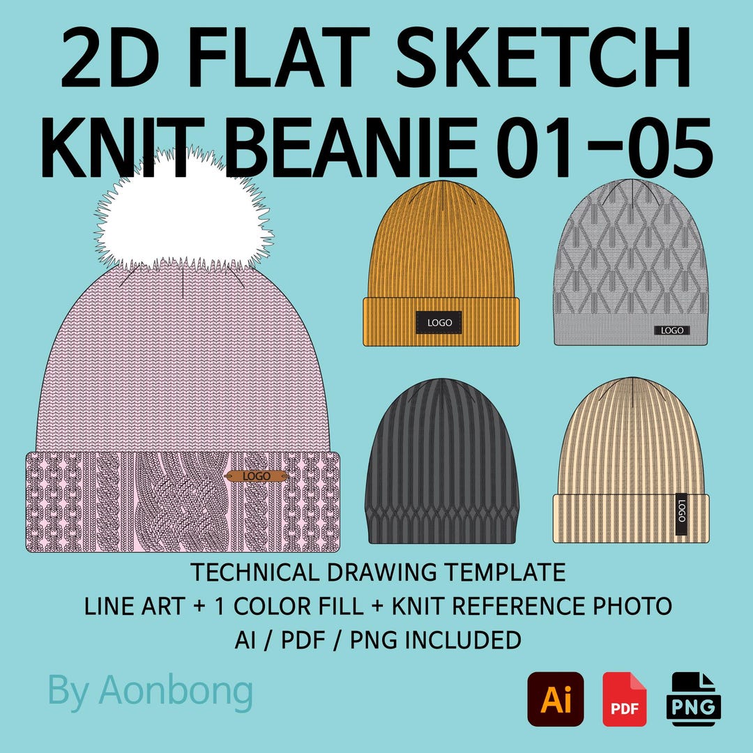 Knit Beanie 2D Flat Template: Line Art, Color Fill (AI, PDF, PNG ...