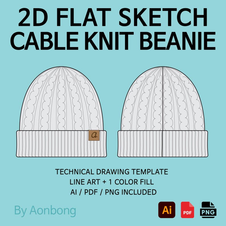 Cable Knit Beanie Flat Sketch Template – Line Art & Color Fill - Ai ...