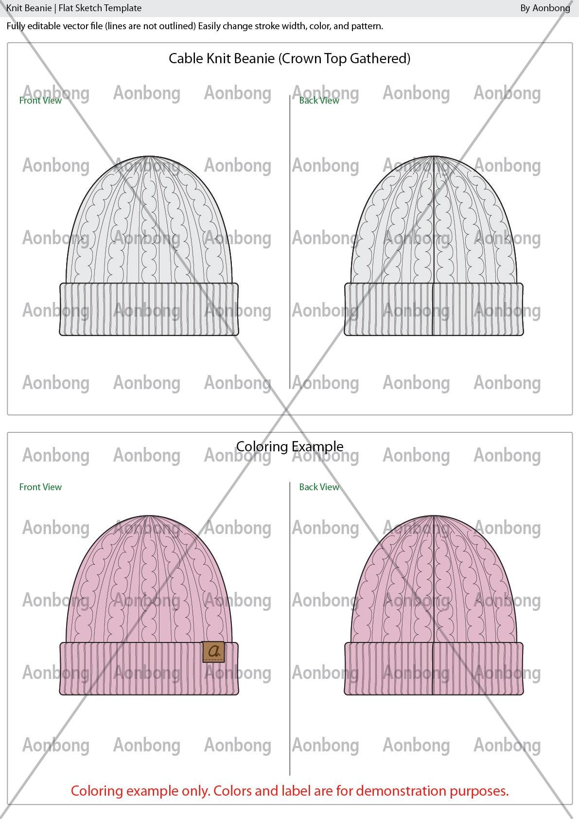 Cable Knit Beanie Flat Sketch Template – Line Art & Color Fill - Ai ...