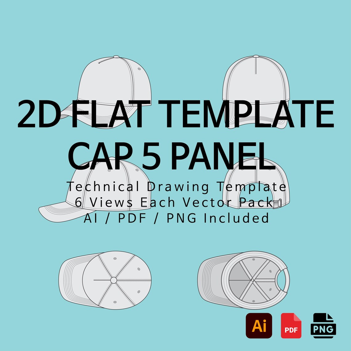 5 Panel Baseball Cap Template – Flat Sketch, 6 Views – AI, PDF, PNG ...