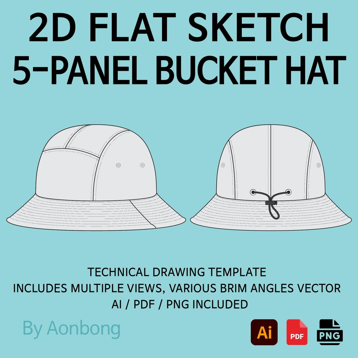 5 Panel Bucket Hat Template – 6 Views | Flat Sketch – AI, PDF, PNG ...