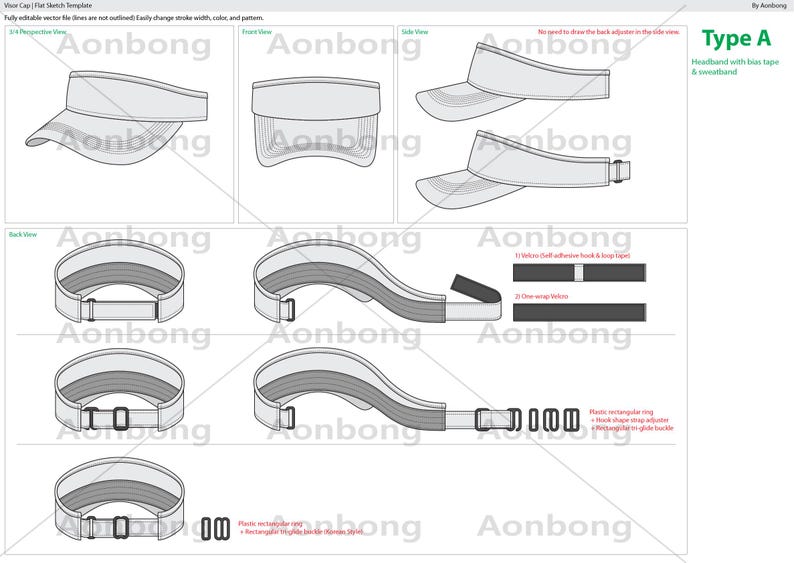 Visor Cap Flat Sketch Template: 4 Styles Bundle Pack (AI, PDF, PNG ...