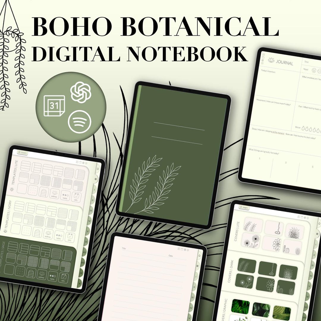Boho Botanical Digital Notebook Planner | Green Sage 10 Subject ...