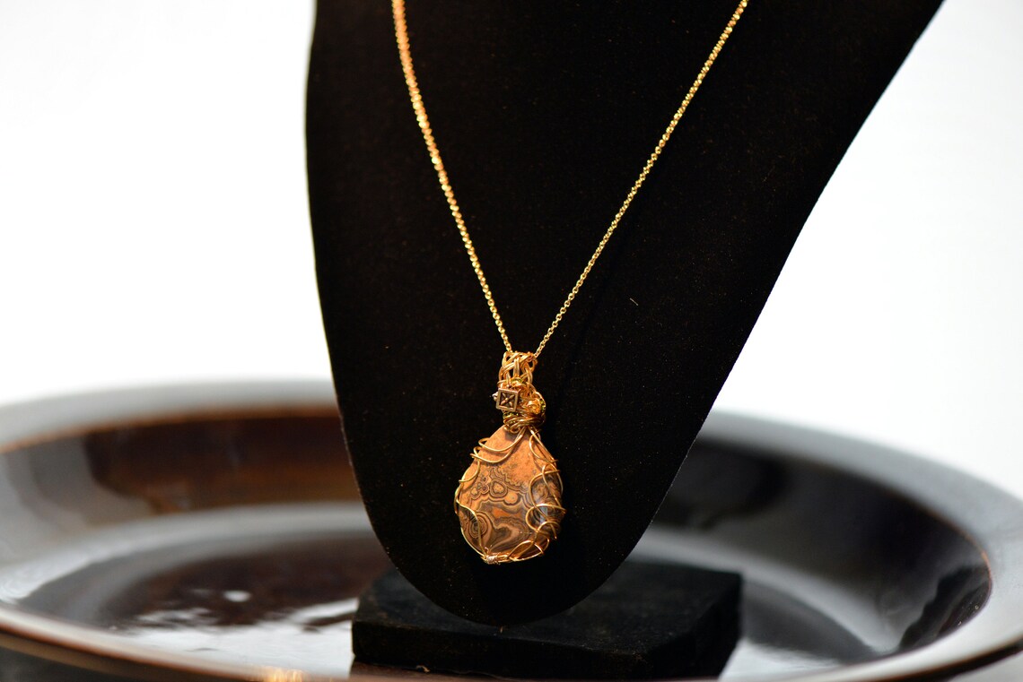 Wire Wrapped Utah Jasper Picture Stone Wrapped in Gold on 17 Inch ...