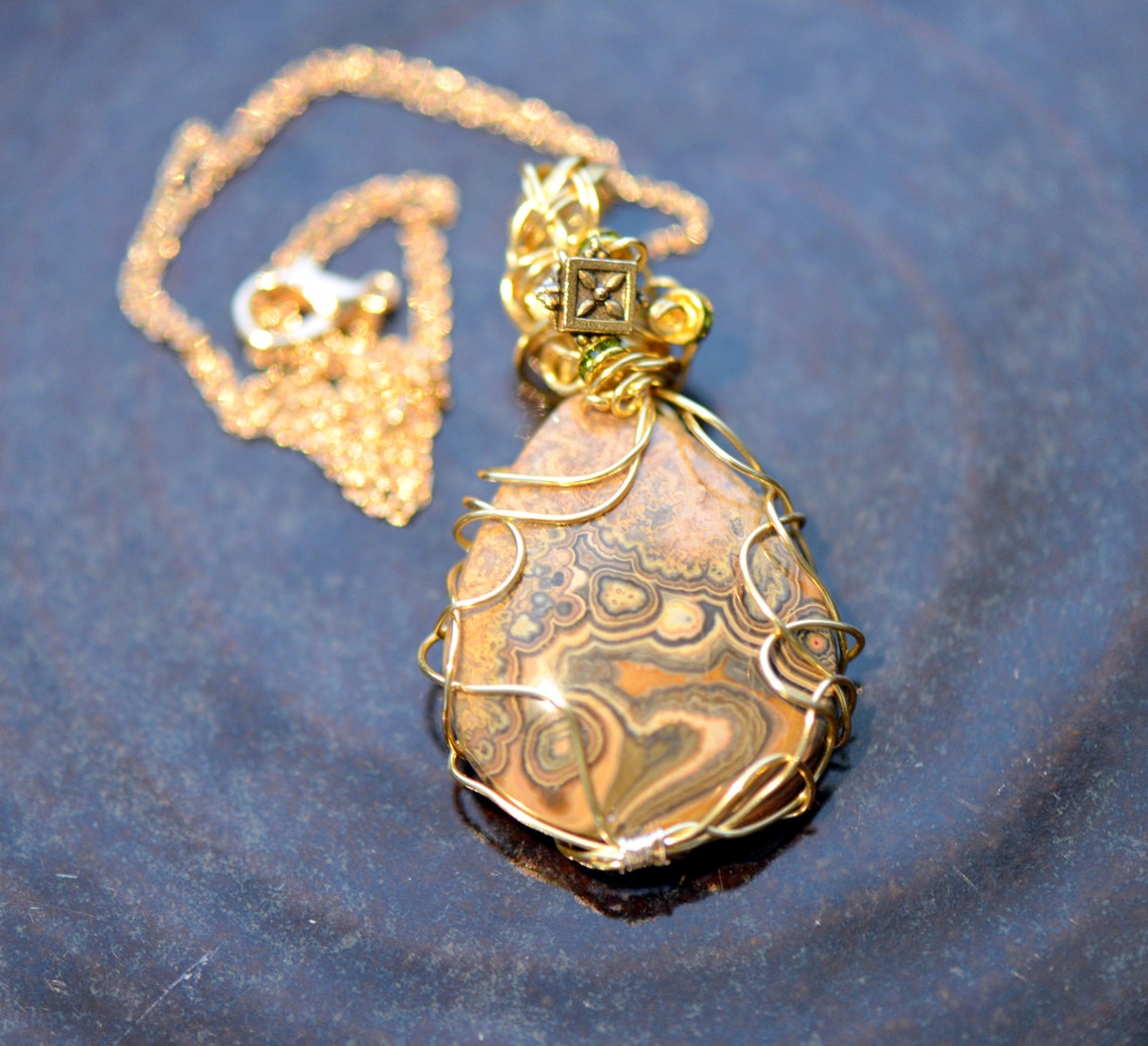 Wire Wrapped Utah Jasper Picture Stone Wrapped in Gold on 17 Inch ...