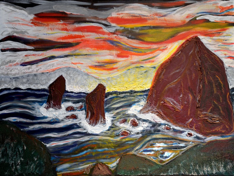 Cannon Beach - Sunset With Fog, Original Acrylic, Impression Style ...