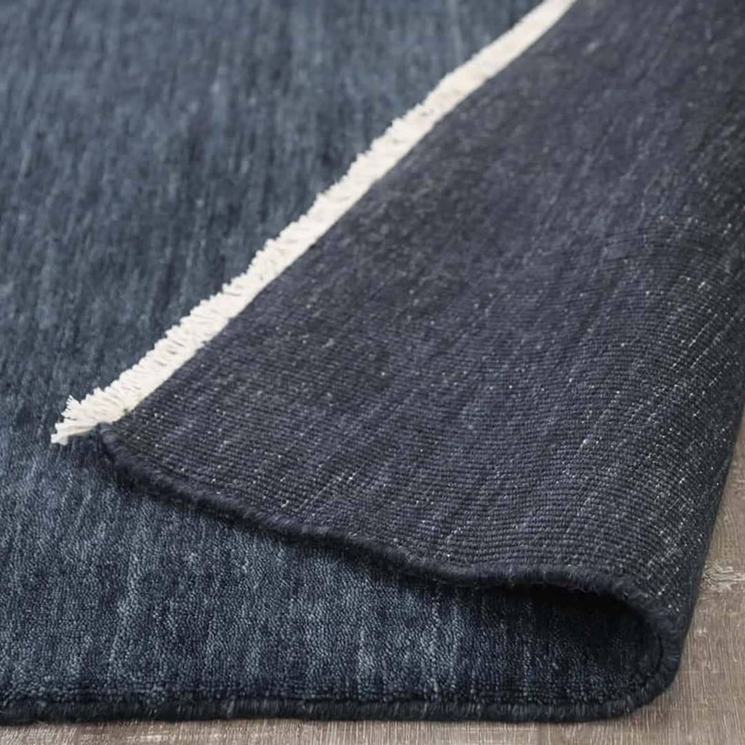 Modern Minimalist Navy Blue Wool Rug – Handwoven Solid Color Area ...