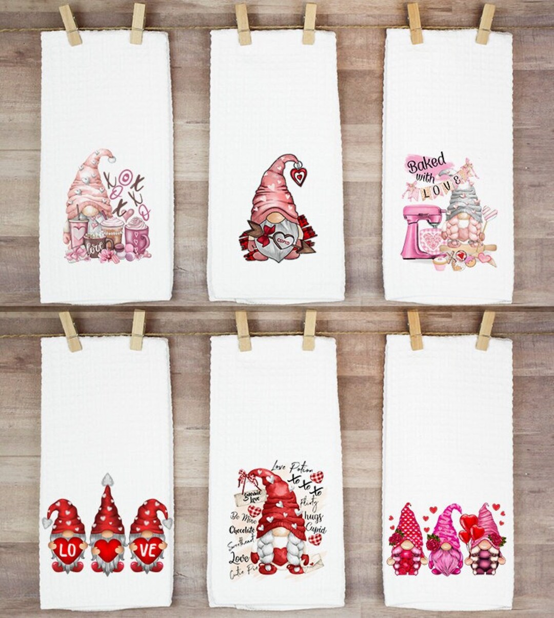 Valentine Towels 6 Designs Gnomes Heart Love Cupid XOXO Wine - Etsy