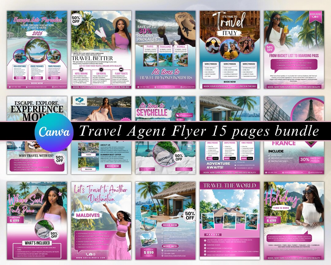 Travel Agent Flyer Template Bundle: Canva Editable, Marketing Templates ...