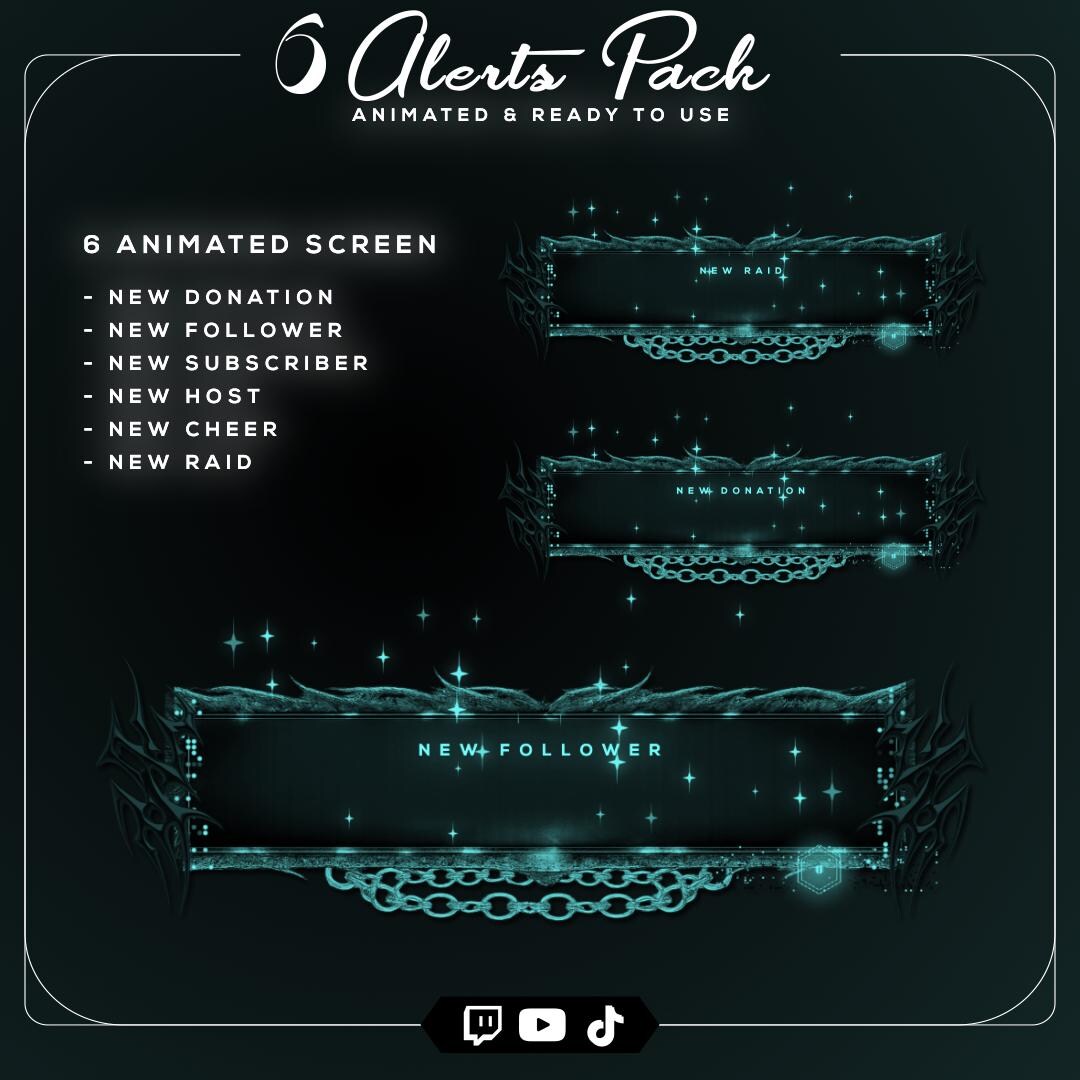 6 Animated Twitch Alerts Pack | Teal Gothic Alerts | Follower Sub ...