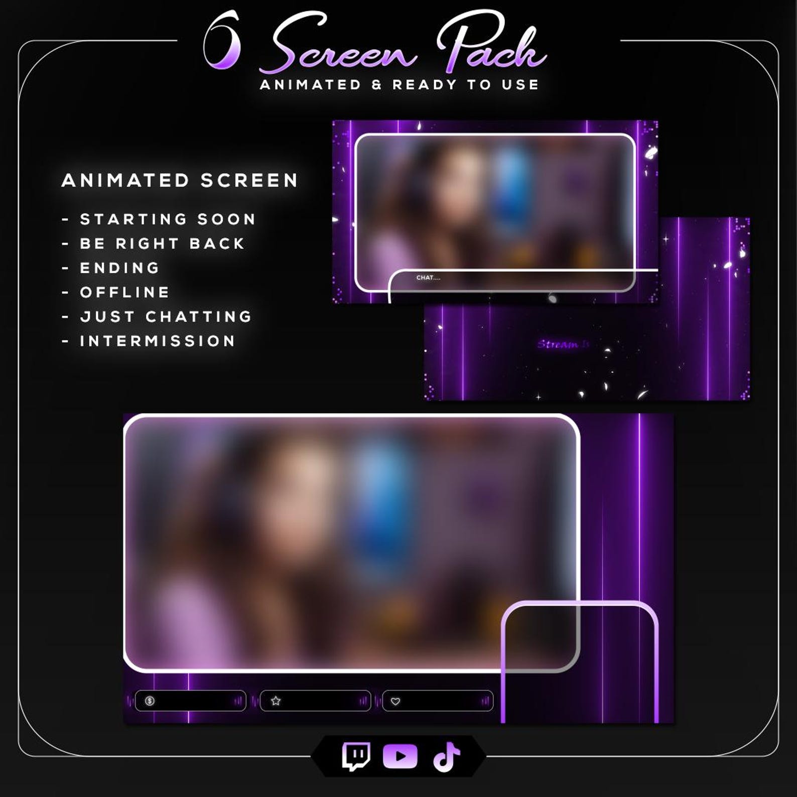 8 écrans de streaming animés | Néons violets | Boucle transparente Full ...