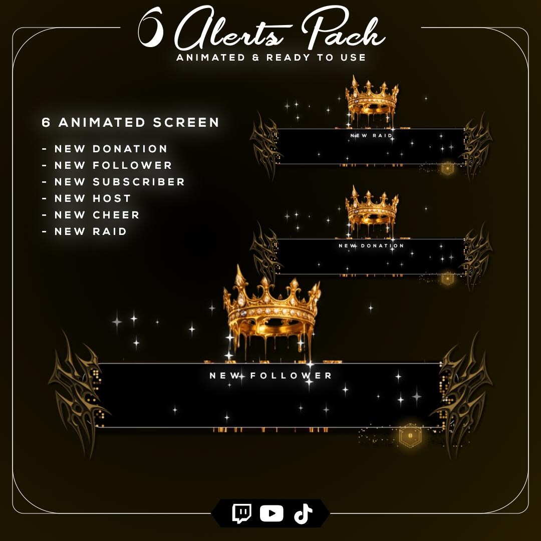 6 Animated Stream Alerts Gold Crown Twitch Alerts OBS Streamlabs Vtuber ...