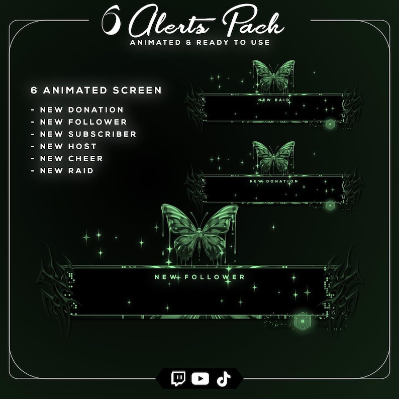 6 Animated Twitch Alerts Green Liquid Butterfly | Dark Chrome ...