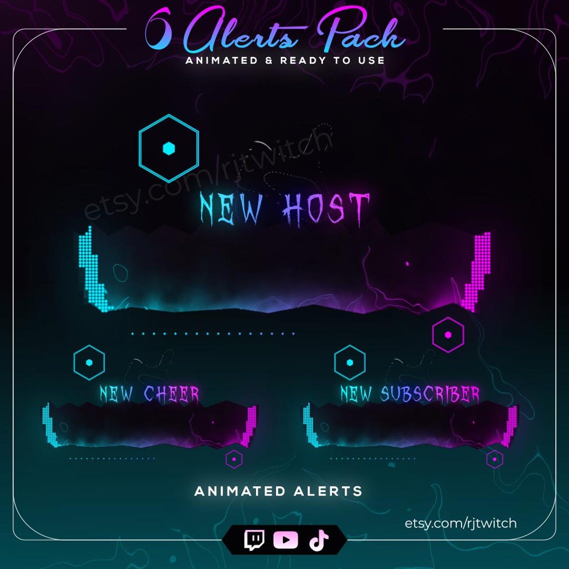 Neon Cyberpunk Stream Alerts | 6 Animated Pink Blue Synthwave Twitch ...
