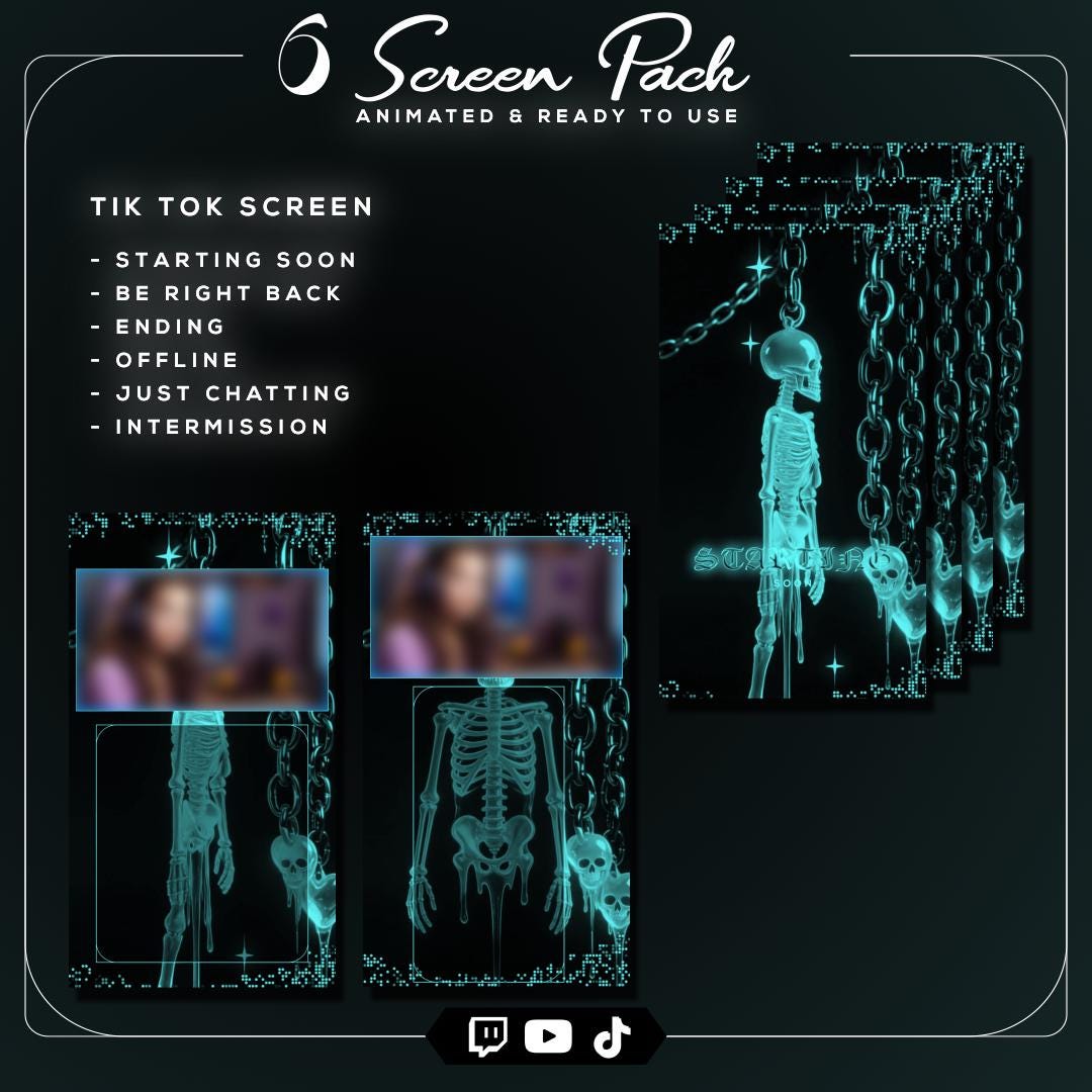 Tiktok Live Overlay | Cyan Gothic Skeleton Vertical Stream Screens ...