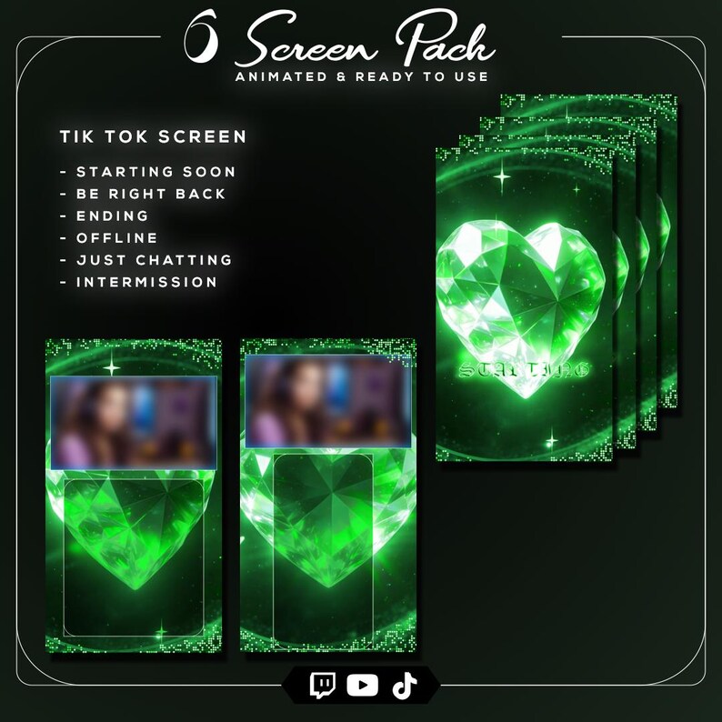 Green Heart Tiktok Stream Screens | Emerald Vertical Animated Overlay ...