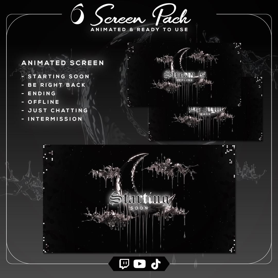 Chrome Moon Y2K Goth Stream Screen Pack | 6 Animated Twitch Starting ...