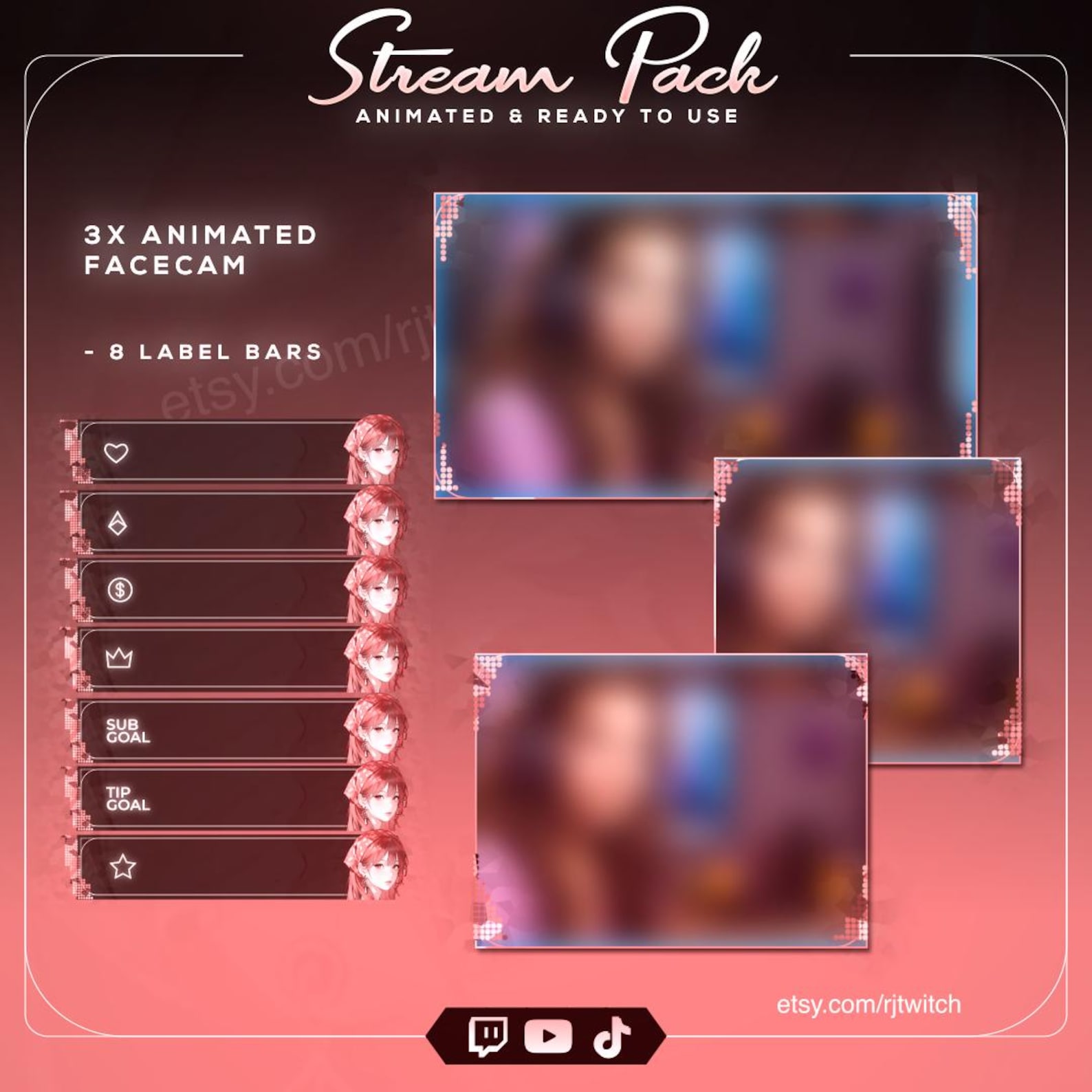 Animated Anime Stream Pack | Pink Vtuber Twitch Overlay | Kawaii ...