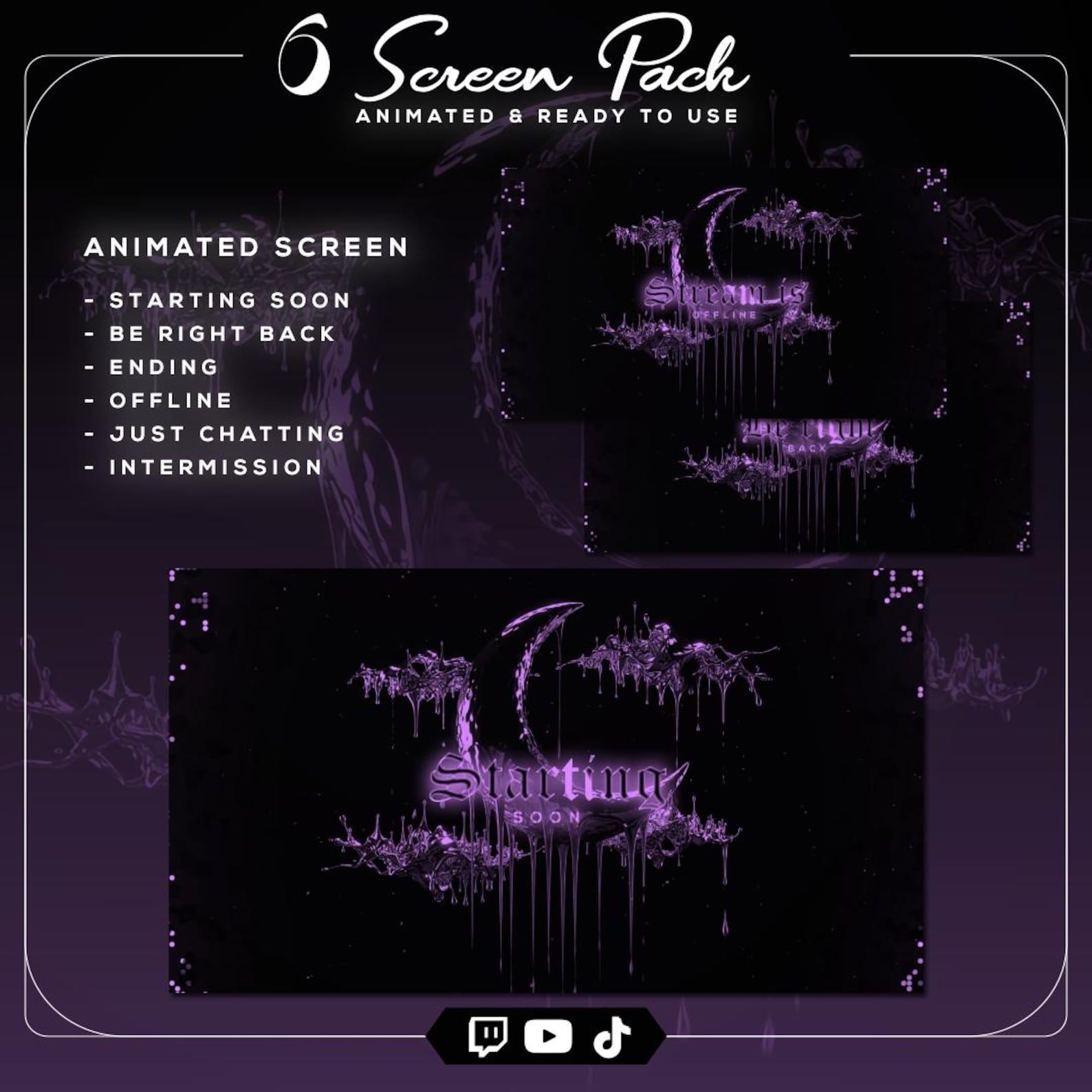 6 Animated Liquid Purple Stream Screens | Dark Goth Twitch Pack ...