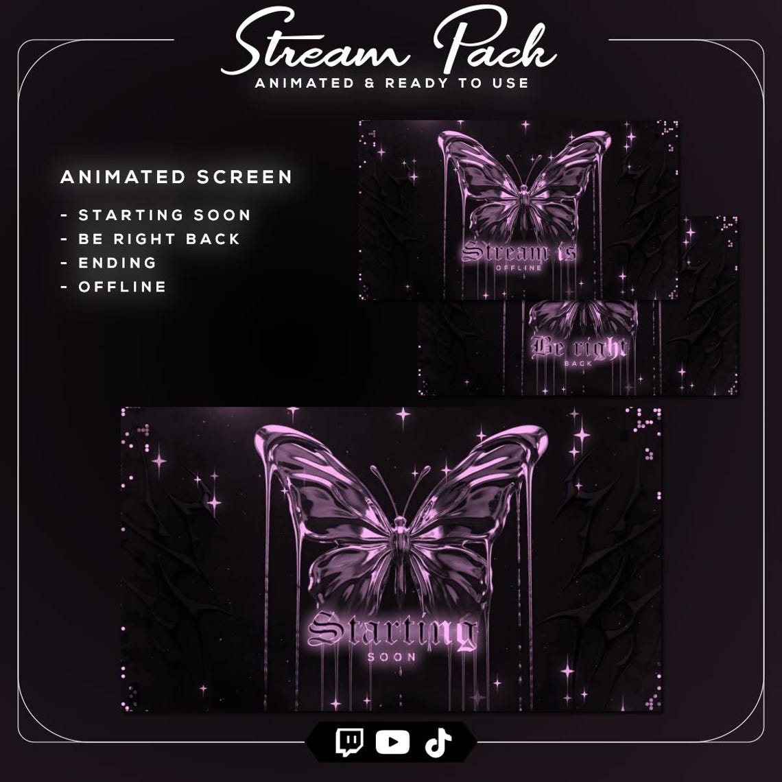 Animated Twitch Overlay Bundle Purple | Y2K Butterfly Dark Stream ...