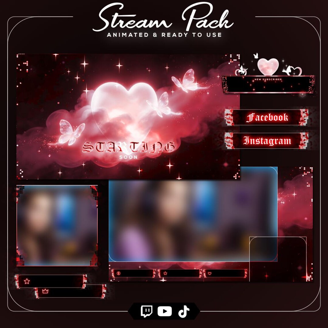Red Heart Stream Overlay Pack | Animated Twitch Overlay | Romantic Neon ...