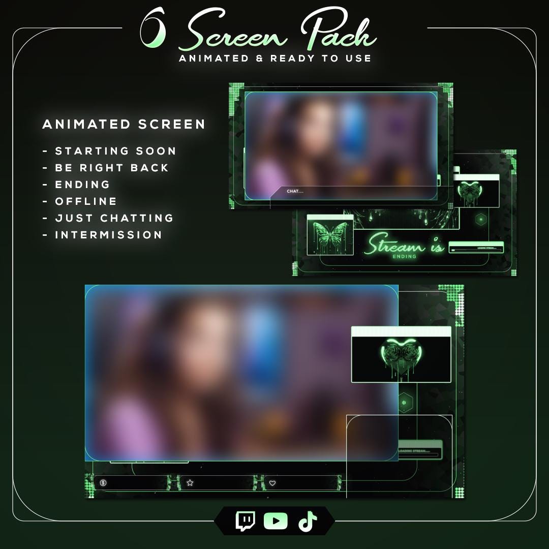 8 Animated Stream Screens | Starting Soon BRB Ending Offline | Green ...