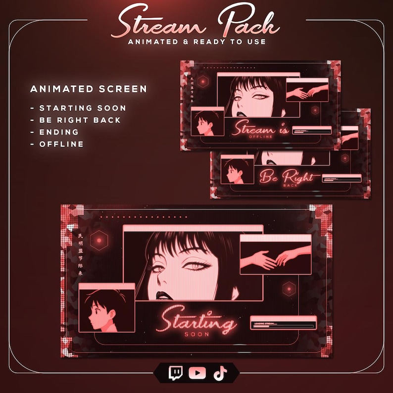 Cyber Red Anime Stream Overlay Bundle | Glitch Motion Twitch Pack ...
