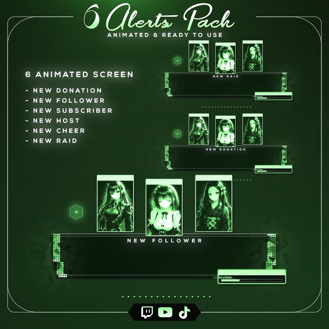 Neon Green Stream Alerts Pack | 6 Cyber Anime Twitch Alerts | Animated ...