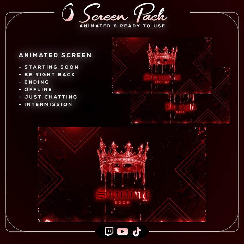 Red Royal Stream Screens Pack | 6 Twitch Screens | Crown Starting Soon ...