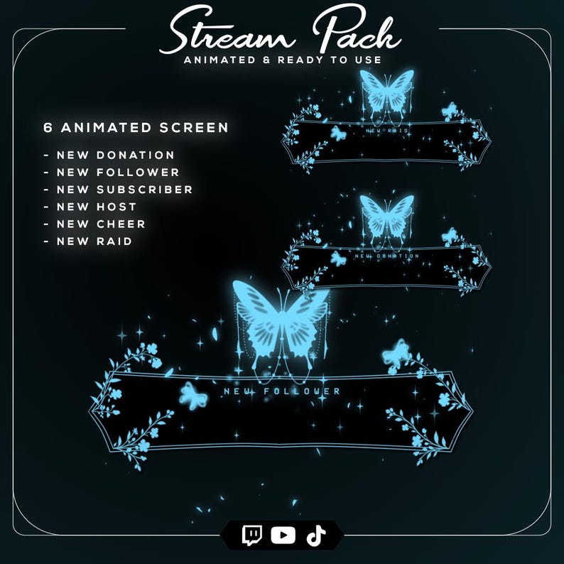 Animated Twitch Overlay Pack | Blue Butterfly Aesthetic Stream Screens ...