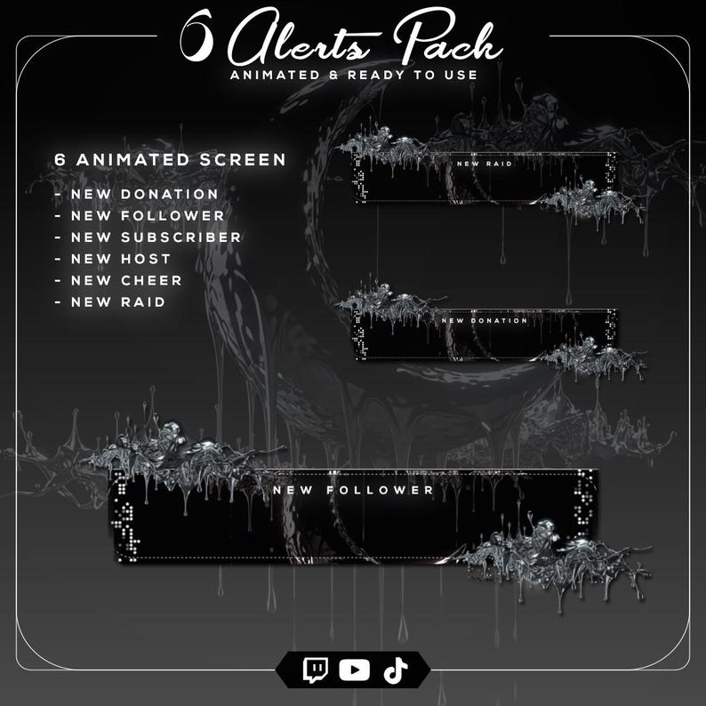 Animated Chrome Stream Alerts | Y2K Goth Twitch Alert Pack | Dark ...
