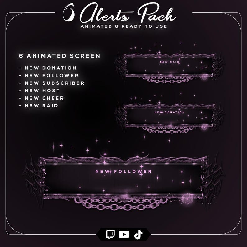 6 Animated Twitch Alerts | Purple Gothic Alerts Pack | Follower Sub ...