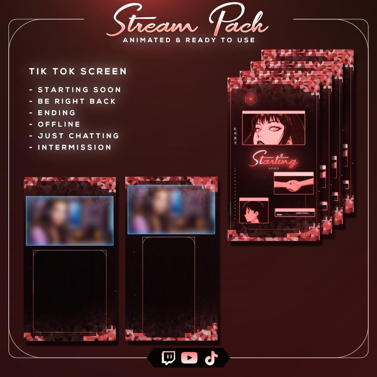 Cyber Red Anime Stream Overlay Bundle | Glitch Motion Twitch Pack ...