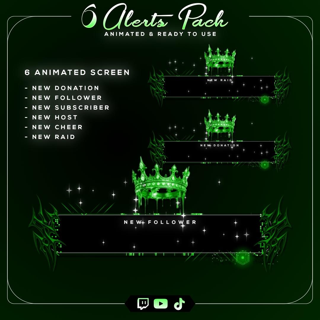 Green Royal Stream Alerts Pack | 6 Twitch Alerts | Neon Crown Animated ...