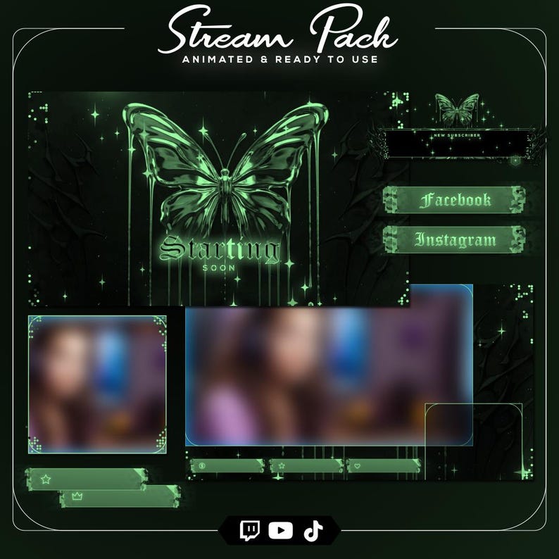 Animated Twitch Overlay Package Green Liquid Butterfly | Dark Chrome ...