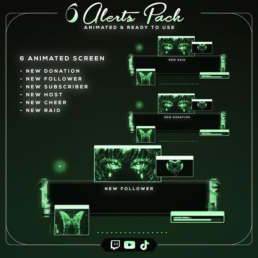 6 Animated Twitch Alerts Pack | Green Anime Alerts | Follower ...
