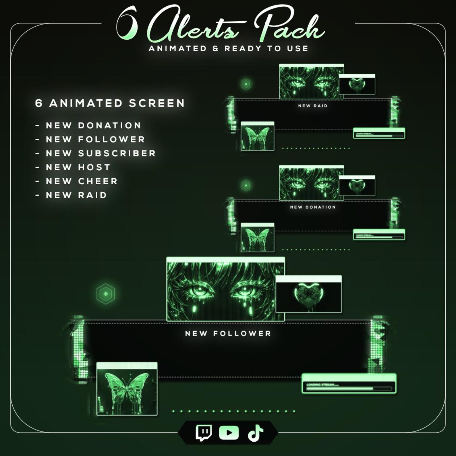 6 Animated Twitch Alerts Pack | Green Anime Alerts | Follower ...