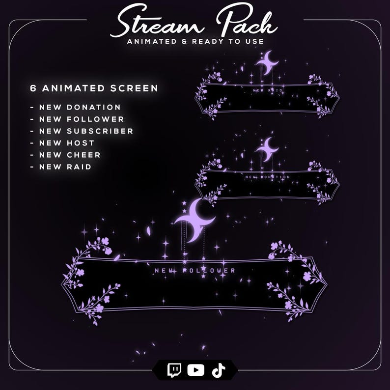Dark Purple Celestial Moon Stream Overlay Bundle | Violet Floral Twitch ...
