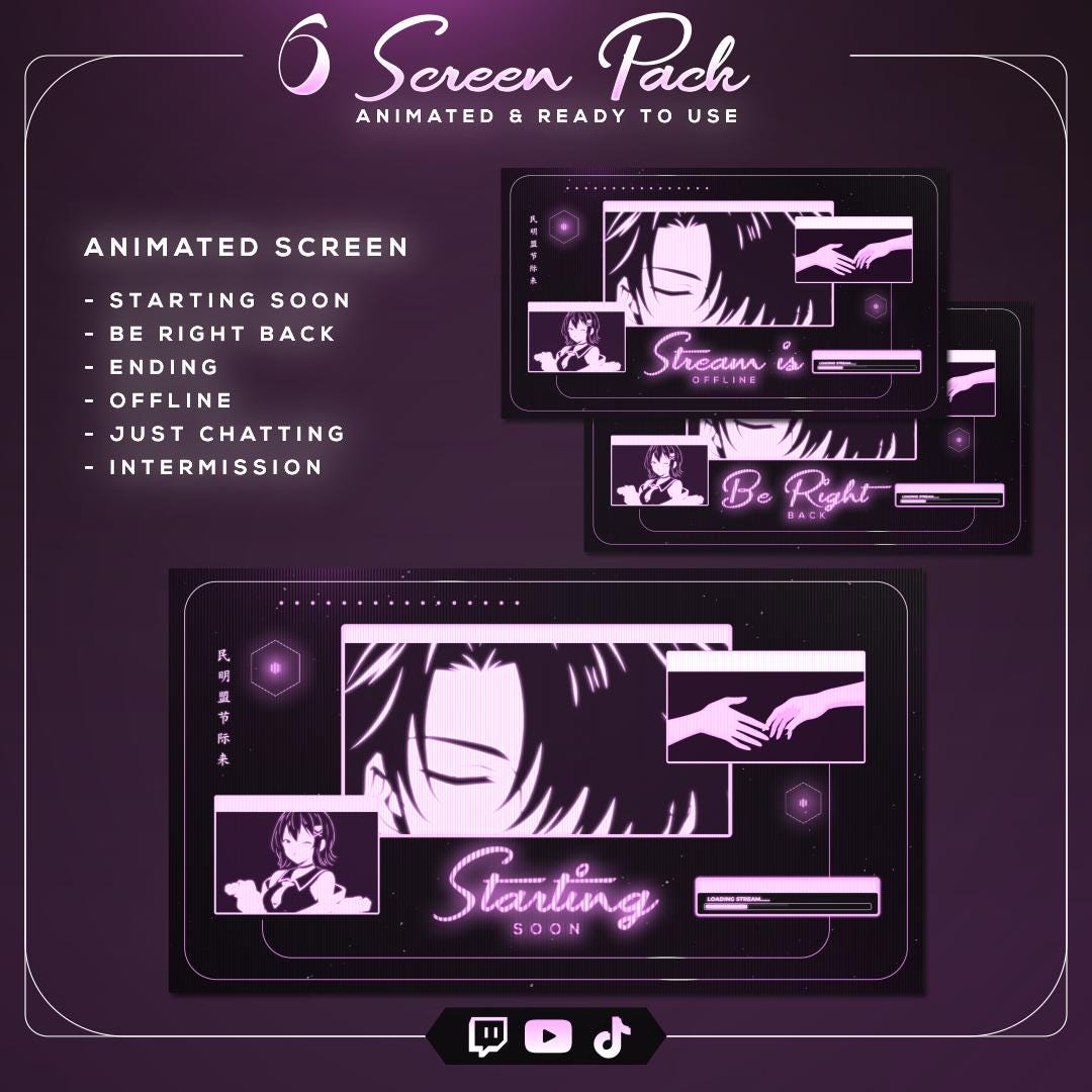 New‑tokyo Anime 6‑screen Twitch Overlay Pack | Pink Cyberpunk Animated ...