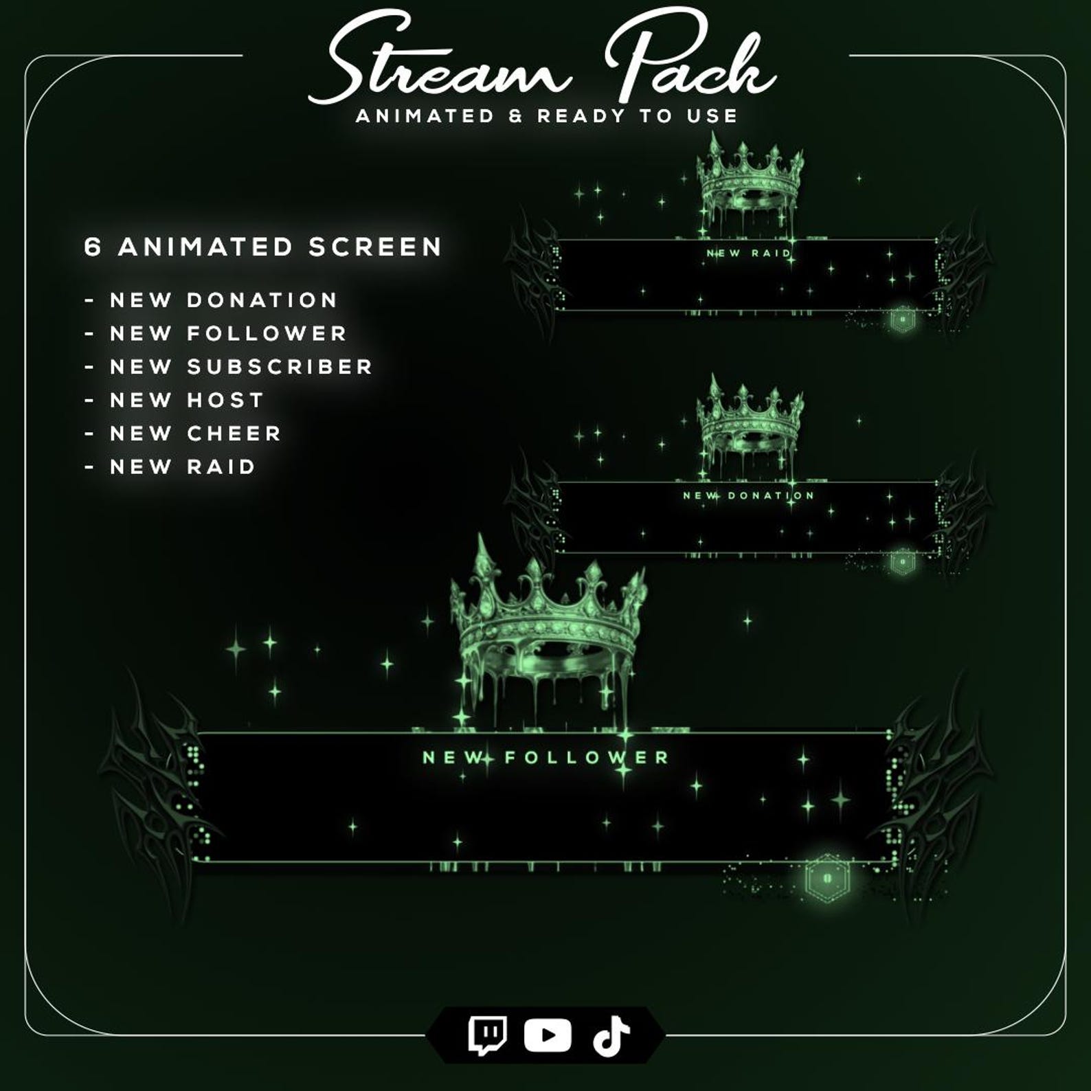Green Gothic Crown Stream Overlay Pack | Animated Twitch Youtube Tiktok ...