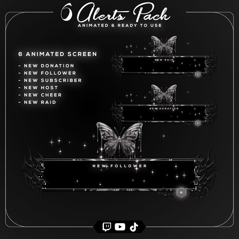 Twitch Alerts Overlay Pack | 6 Animated Silver Chrome Butterfly Alerts ...