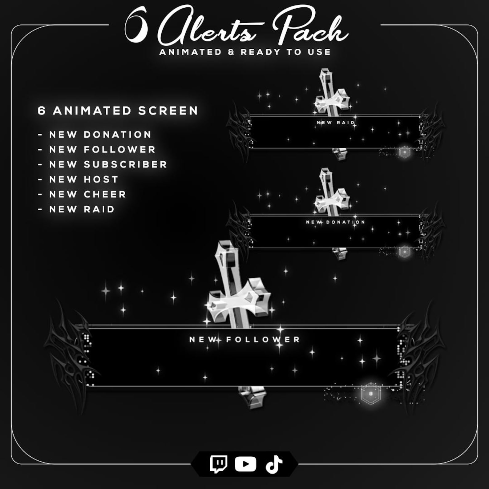 Dark Chrome Cross Stream Alerts | 6 Animated Liquid Metal Twitch ...