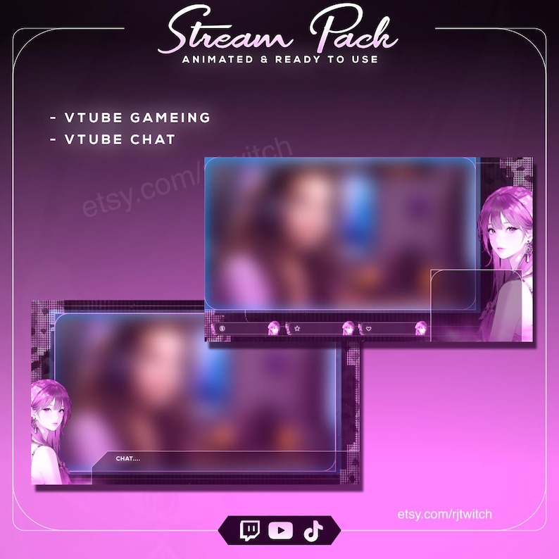 Animated Anime Stream Pack | Pink Vtuber Twitch Overlay | Kawaii Cyber ...