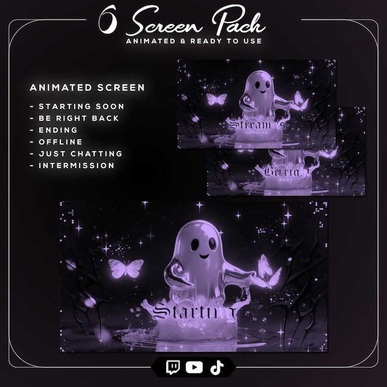 8 Animated Stream Screens | Purple Chrome Ghost | Full HD 16:9 Seamless ...