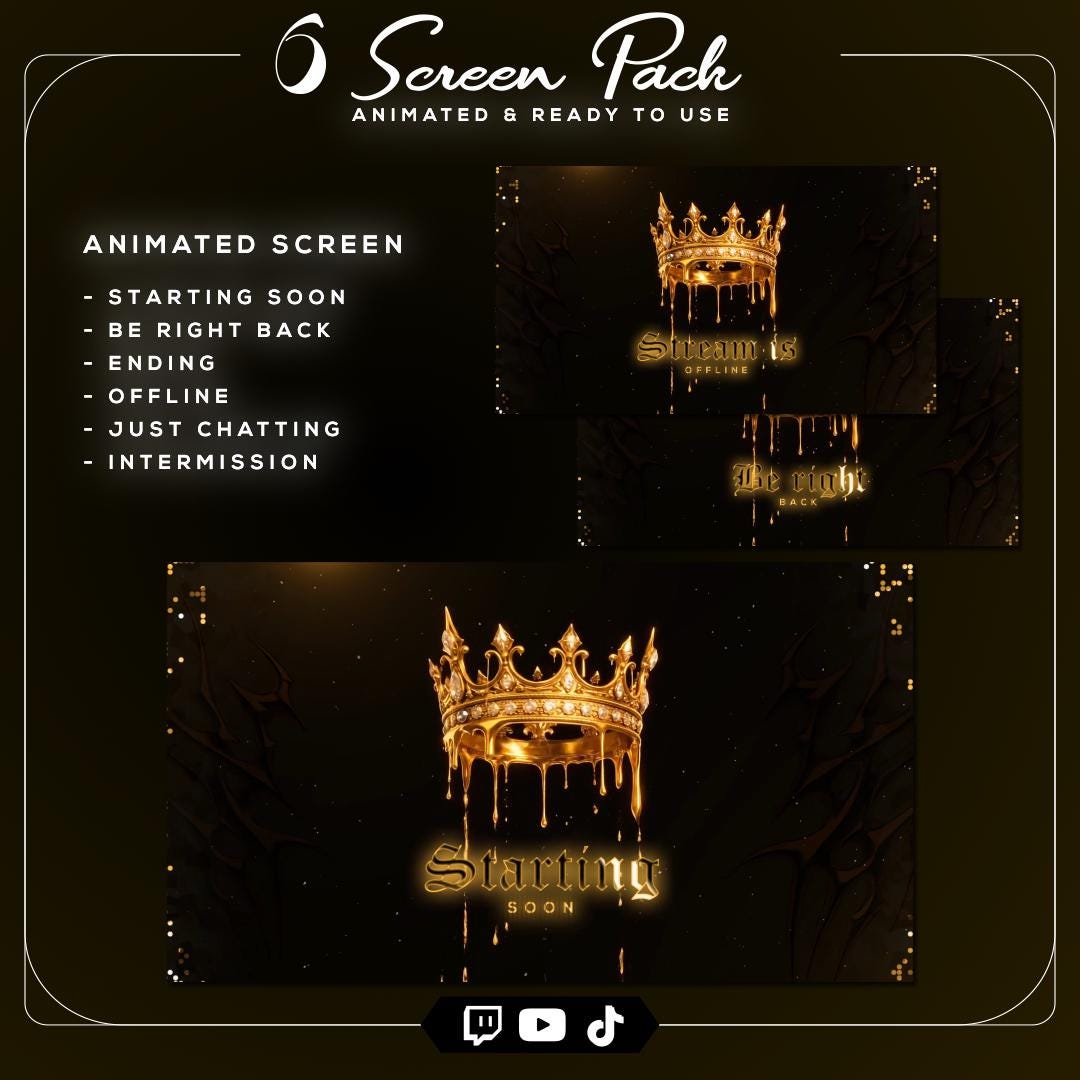 6 Stream Screens Pack | Starting Soon BRB Ending Offline Screens | Gold ...