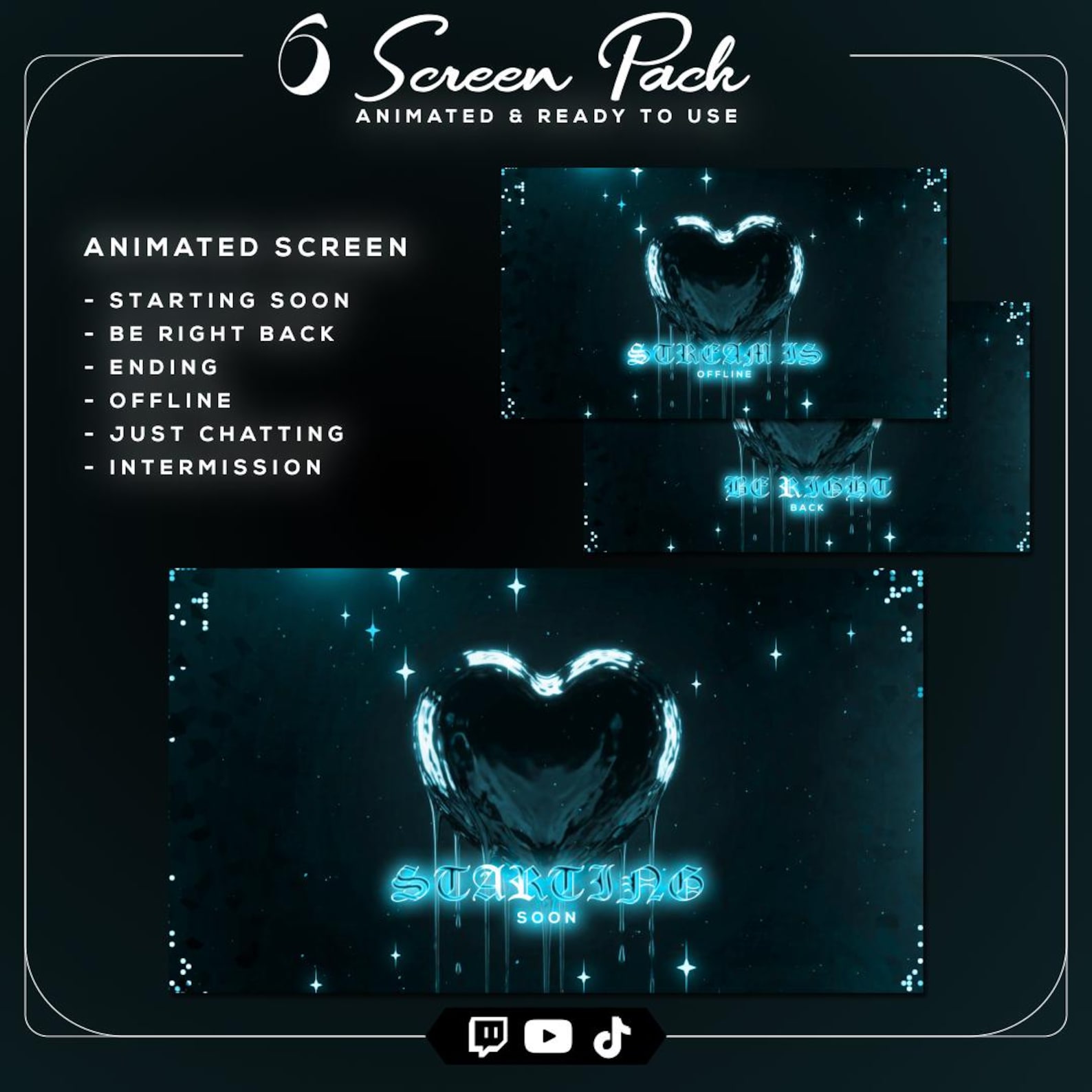 8 écrans de streaming animés | Métal liquide chromé bleu gothique ...